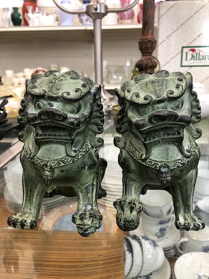 These jade-colored guardian lions aren't just decorative—they're watching to make sure you don't miss any bargains hiding in the corners.
