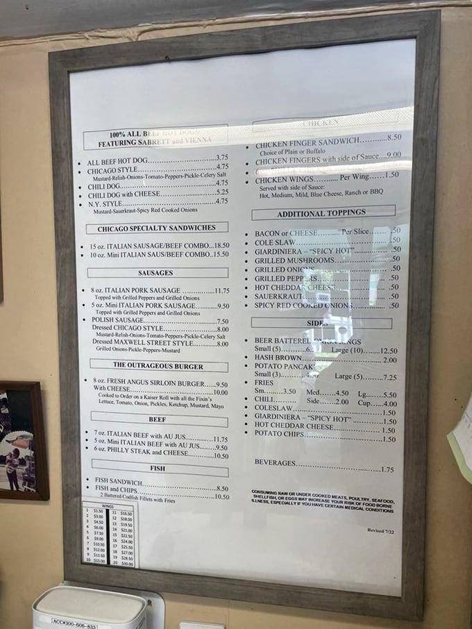 The menu board—a sacred text for hot dog pilgrims. No QR codes, no daily specials that change with the wind, just timeless classics waiting to be ordered.
