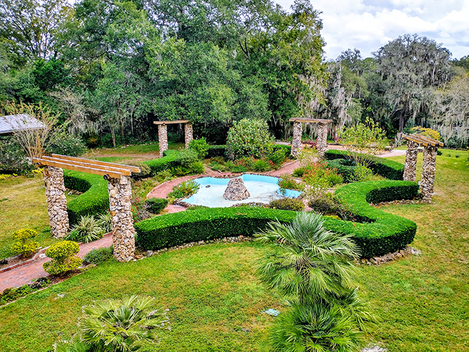This meticulously designed fountain garden combines Depression-era stonework with tropical plantings, creating a peaceful oasis that feels frozen in time.