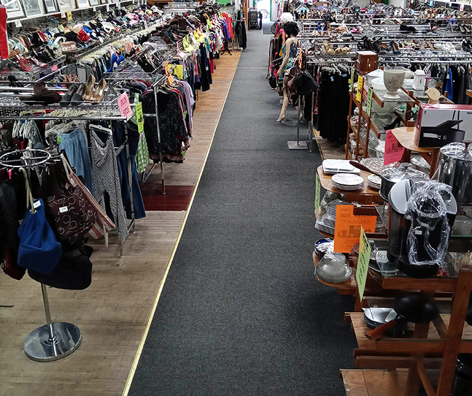 The clothing section stretches as far as the eye can see – a fabric forest where vintage gems hide among everyday basics.