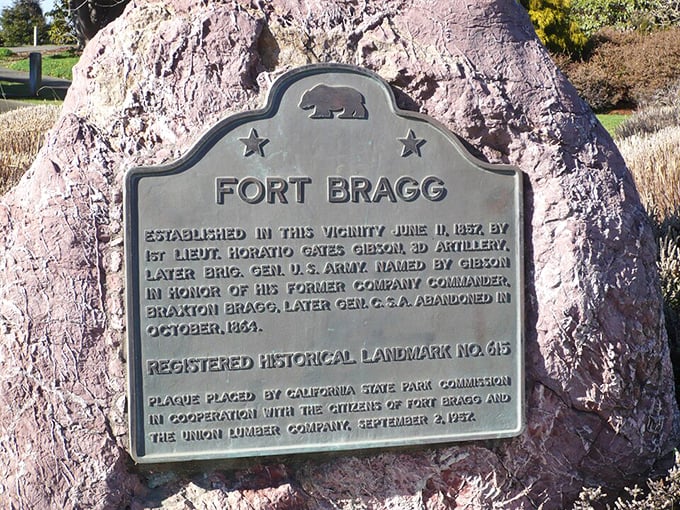 This historical marker reminds us that before Fort Bragg became a retirement haven, it served a very different purpose—though both iterations share spectacular ocean views.