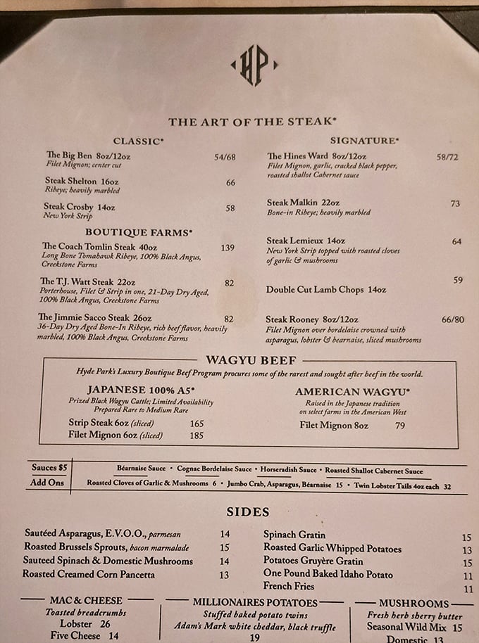 The menu reads like a love letter to carnivores, with Pittsburgh sports legends lending their names to premium cuts that would make any fan cheer.