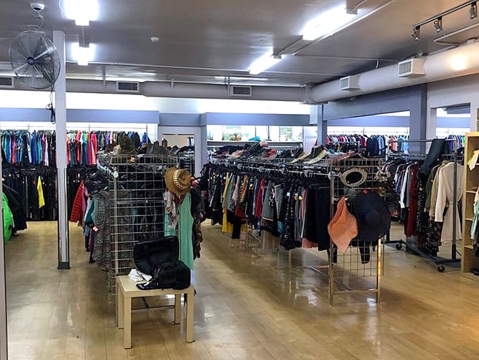 Racks upon racks of potential wardrobe revolutions await. Like archaeological layers, each section tells a different story of San Diego style.