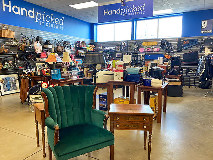 The "Handpicked by Goodwill" section – where that emerald armchair isn't just furniture, it's the conversation piece your living room's been missing.