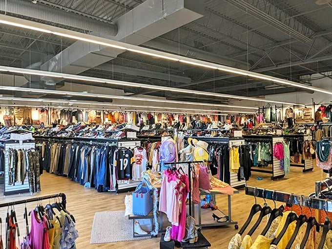 Not your grandmother's thrift store! Bright lighting and organized racks transform secondhand shopping into a boutique experience without the boutique prices.
