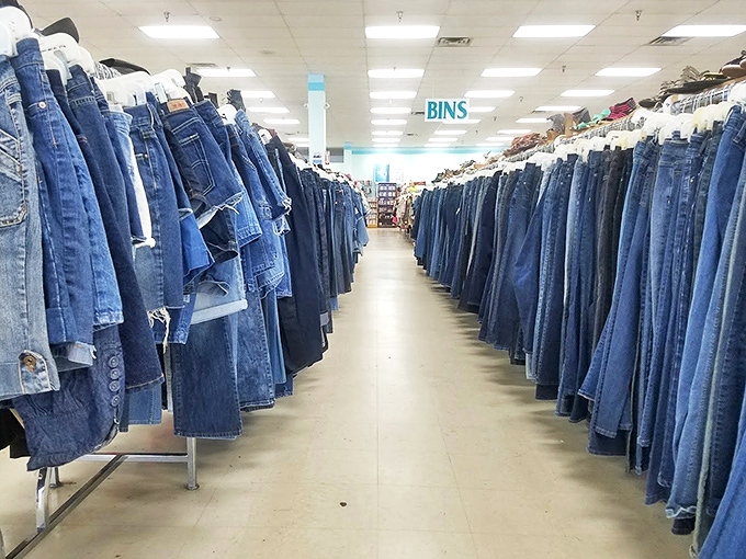 The denim promised land stretches as far as the eye can see. If jeans could tell stories, this aisle would be the Great American Novel.