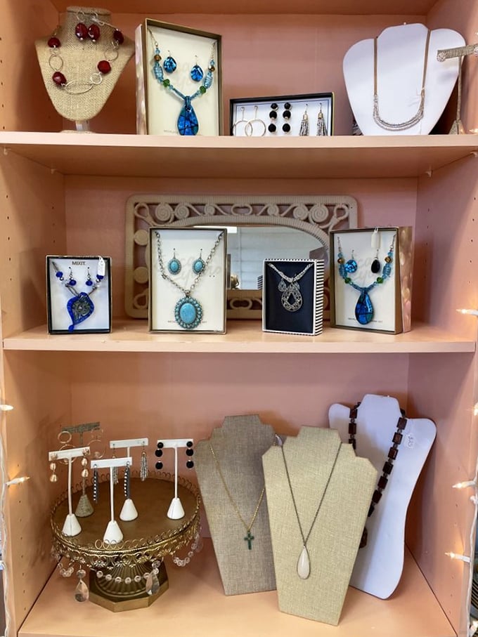 Jewelry that whispers tales of formal dinners and special occasions past. Those blue pendants are practically begging for a second chance at glamour.