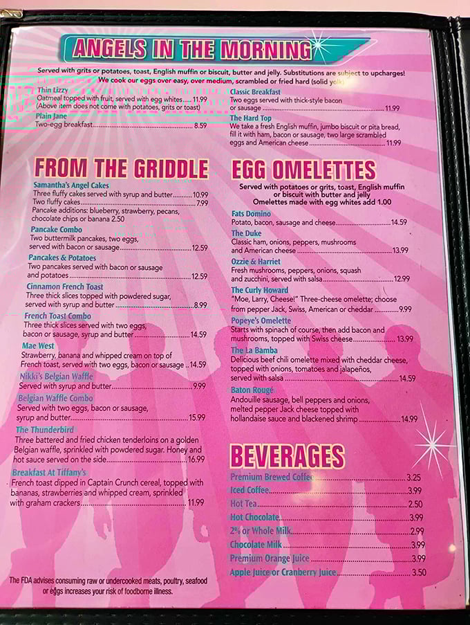 The pink menu reads like a greatest hits album of comfort classics. "Angels in the Morning" isn't just a song—it's breakfast salvation.