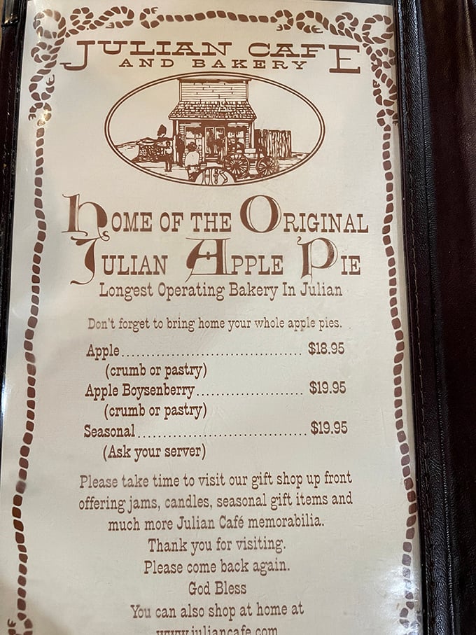 "Home of the Original Julian Apple Pie" isn't just marketing—it's a heritage promise that's been deliciously kept for generations of California pie enthusiasts.