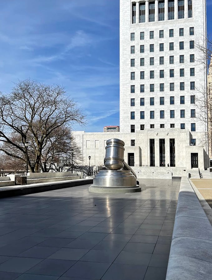 Talk about an imposing backdrop! The stainless steel behemoth stands guard before the Thomas J. Moyer Ohio Judicial Center like a metallic sentinel of justice.