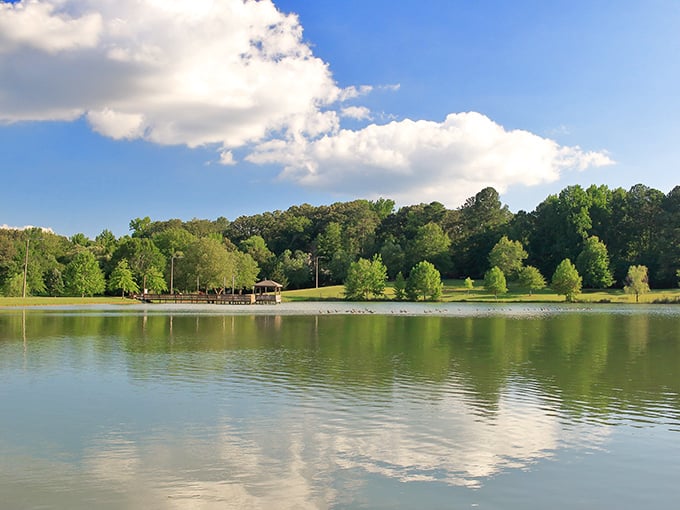 Nature's perfect mirror—Lamar Park's serene waters reflect both clouds and possibilities, offering a peaceful respite from Oxford's literary and culinary adventures.