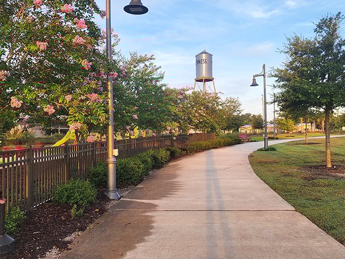 Liberty Park's walking path leads to that iconic water tower – the small-town equivalent of the Eiffel Tower, just with more practical plumbing.
