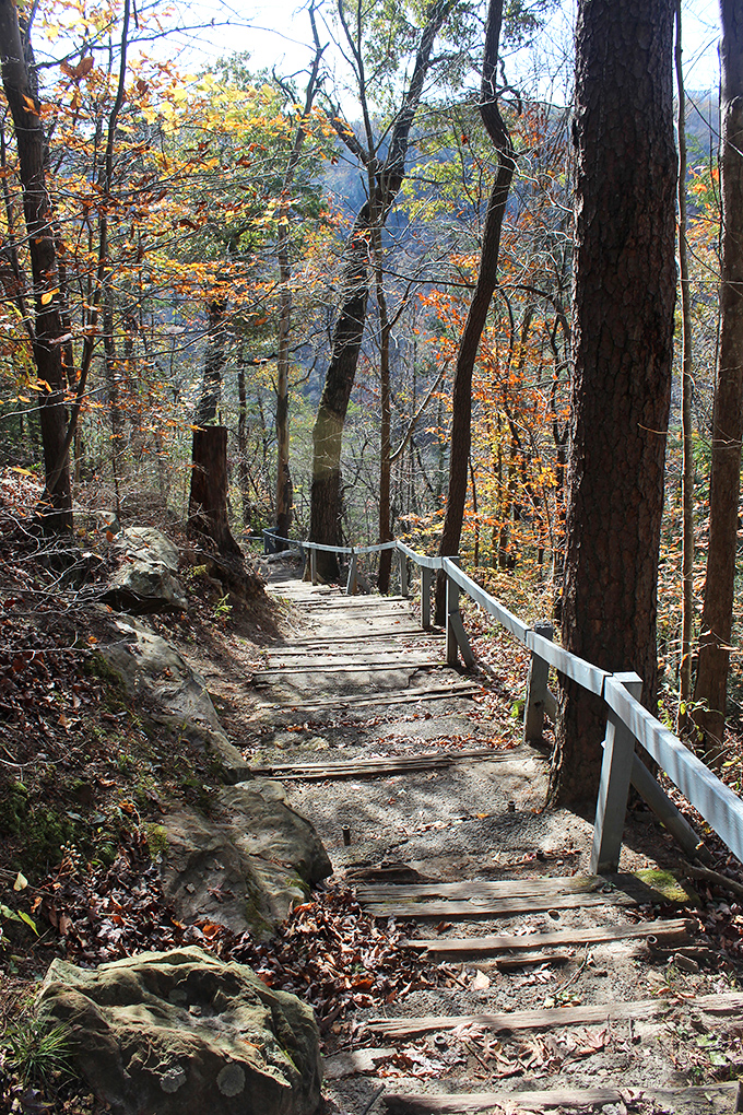 Nature's stairmaster! The wooden steps of Lovers Leap Trail lead adventurous hikers through a kaleidoscope of fall foliage toward breathtaking canyon views.