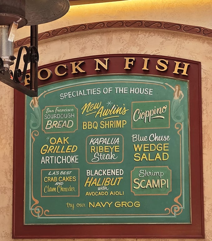 The menu board reads like a greatest hits album of seafood classics. That Navy Grog recommendation isn't just decoration—it's solid life advice.