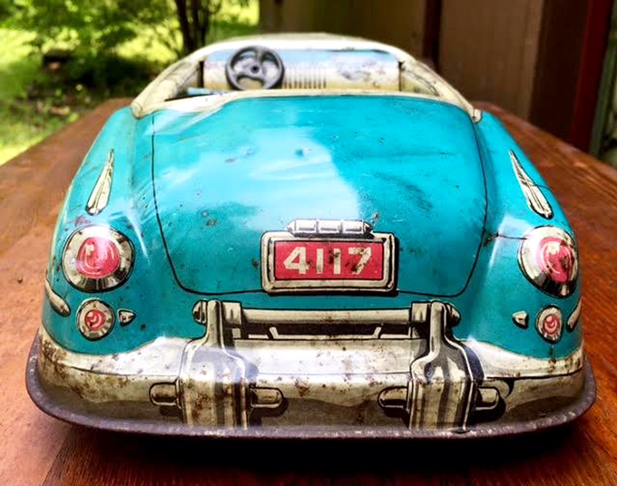This turquoise Marx tin litho car isn't just a toy—it's a time machine to Saturday mornings when cereal prizes were worth fighting siblings for.