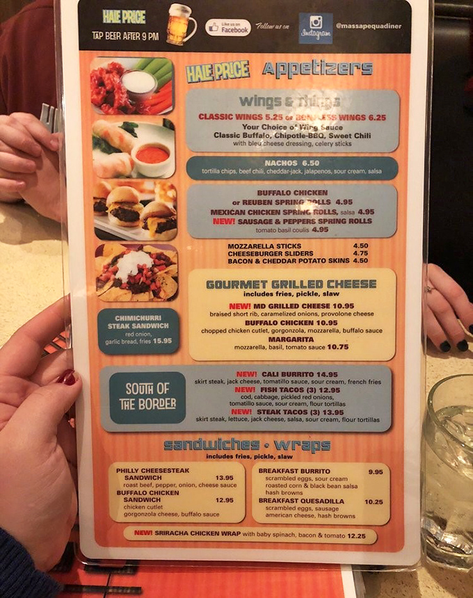 This menu isn't just reading material—it's a roadmap to happiness. Half-price appetizers and tap beer after 9 PM? Now we're talking!