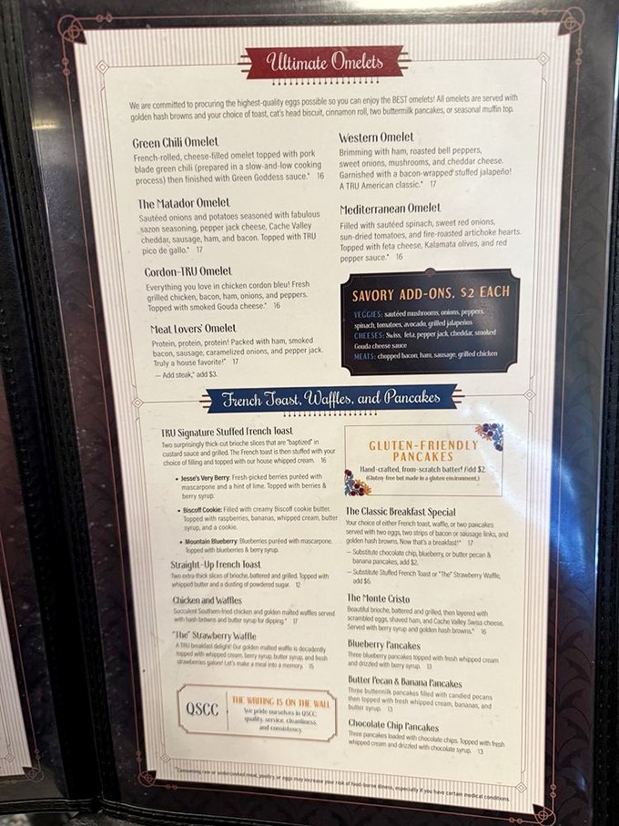 The menu reads like breakfast poetry—Ultimate Omelets and Stuffed French Toast that would make even non-morning people set an alarm.
