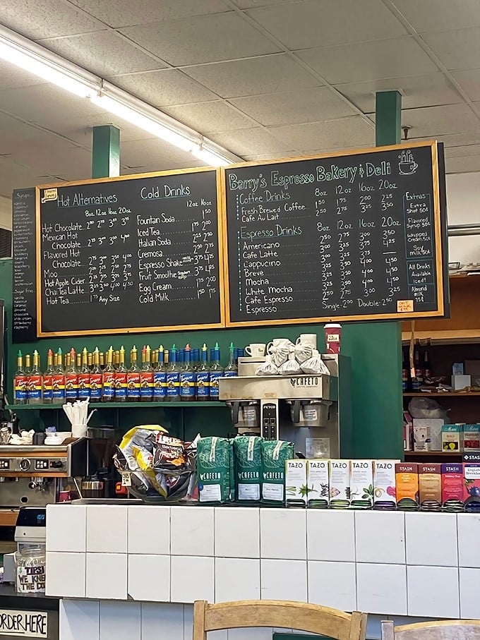 The chalkboard menu at Barry's—where decisions are tough and regrets are impossible. Coffee artistry meets bakery brilliance.