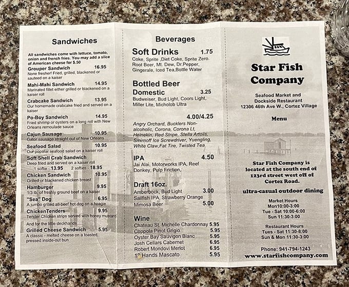 Simplicity at its finest. The no-frills menu board tells you everything you need to know—fresh seafood, cold drinks, and zero fuss.