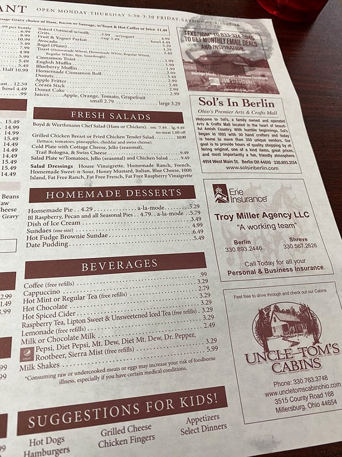 The menu reads like a love letter to Midwestern comfort food, with homemade pies and fresh salads competing for your attention alongside those legendary biscuits.