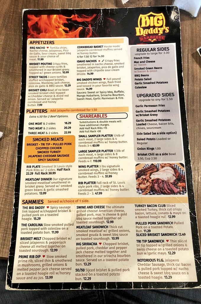 3. menu
This well-worn menu is like a treasure map where X marks the spot for BBQ bliss—each item a potential revelation for your taste buds. 