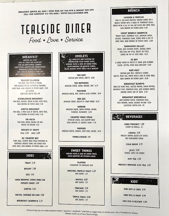A menu that doesn't need fancy fonts or pretentious descriptions—just honest food that speaks for itself. The breakfast section alone is poetry.