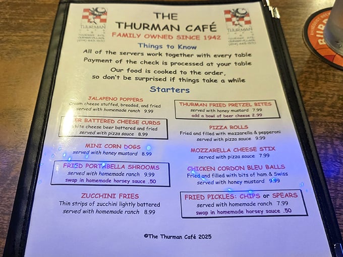 The menu reveals Thurman's appetizer arsenal – where even the starters could be a meal elsewhere. Those pretzel bites are calling my name!