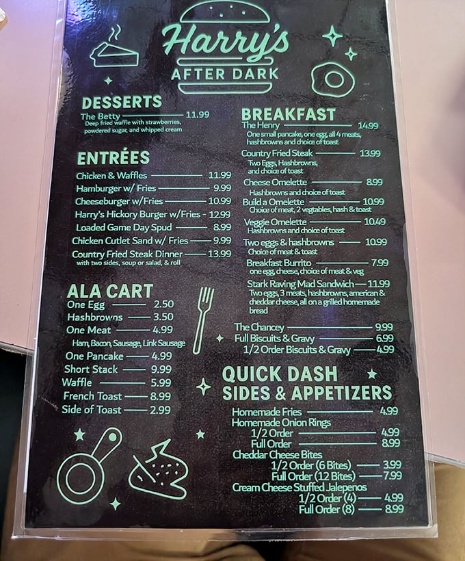 Harry's After Dark menu glows with promise like a culinary North Star. The Betty waffle dessert calls to me like a siren song.