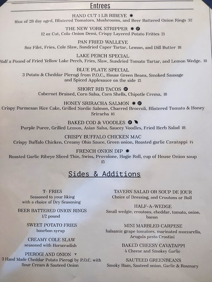 A menu that reads like a love letter to Midwest comfort food, with that hand-cut ribeye stealing the spotlight. No pretentious descriptions needed when the food speaks this loudly.