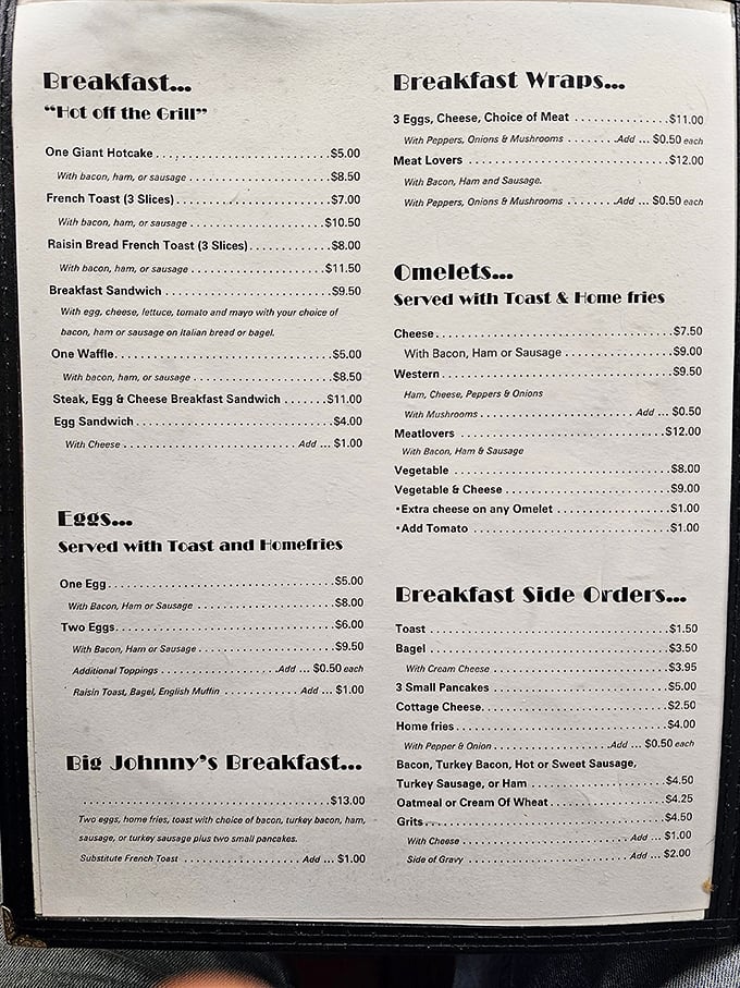 A menu that doesn't need fancy fonts or farm names—just straightforward promises of breakfast bliss at honest prices.