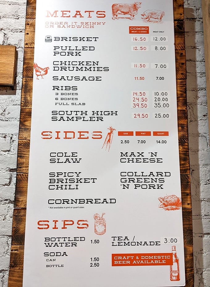 The menu reads like barbecue poetry – brisket, pulled pork, ribs – each promising a different path to meat nirvana.