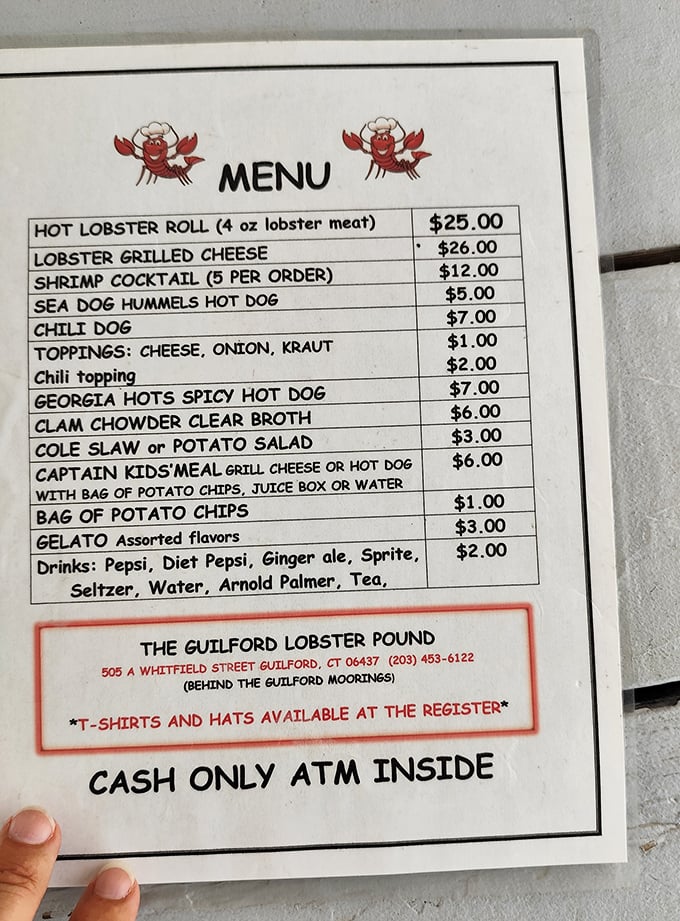 The menu tells you everything you need to know – straightforward offerings where lobster is the undisputed star. Cash only, folks!