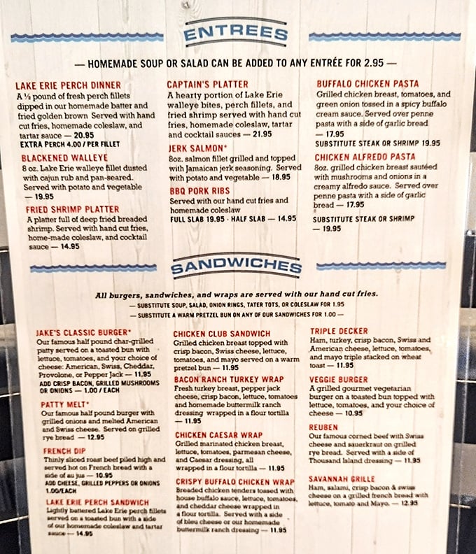 A menu that reads like a love letter to Lake Erie's bounty—where the blackened walleye isn't just a dish, it's practically local currency.