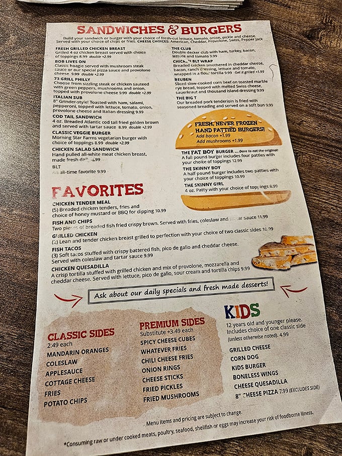 This menu isn't just a list of food – it's a roadmap to happiness. The "Fat Boy" burger isn't just a meal, it's a commitment.