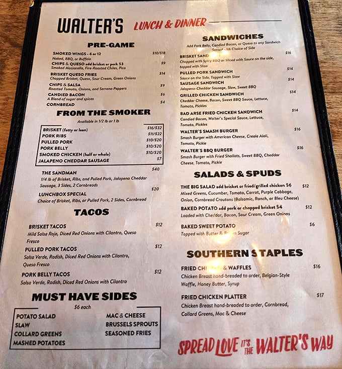 The menu reads like barbecue poetry – brisket (fatty or lean), pulled pork, and something called "The Sandman" that might just rock you to sleep.