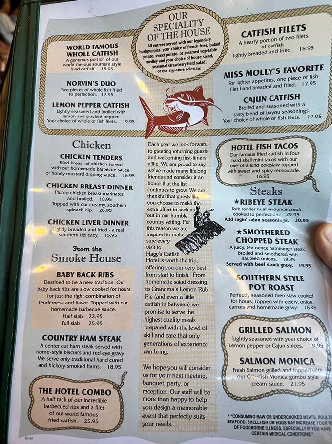 This menu isn't just a list of options – it's a love letter to Southern cooking traditions where catfish reigns supreme and hushpuppies are mandatory.