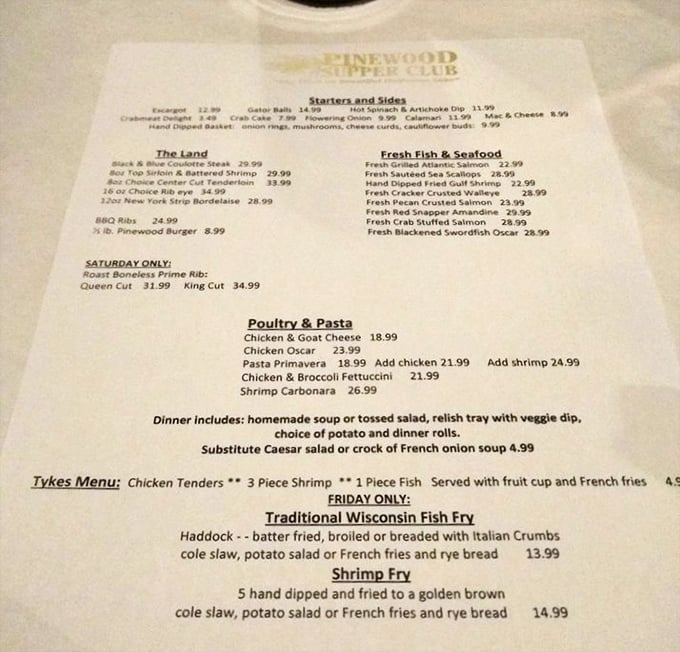 This menu reads like a greatest hits album of Wisconsin supper club classics, with that Saturday prime rib headlining.