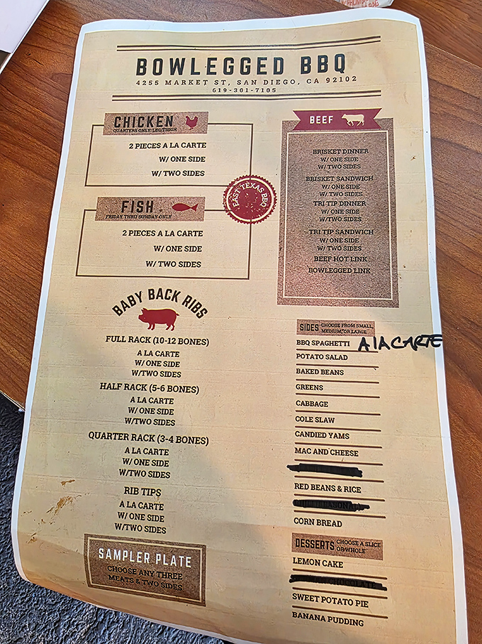 The menu at Bowlegged doesn't waste time with fancy descriptions—just straightforward categories of meat that read like a carnivore's love letter.