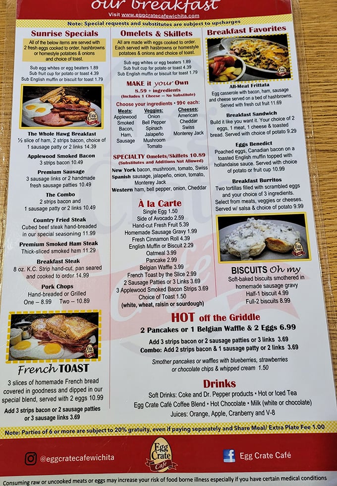 The breakfast bible of Wichita reveals its sacred texts – a menu where every option sounds like exactly what you're craving right now.