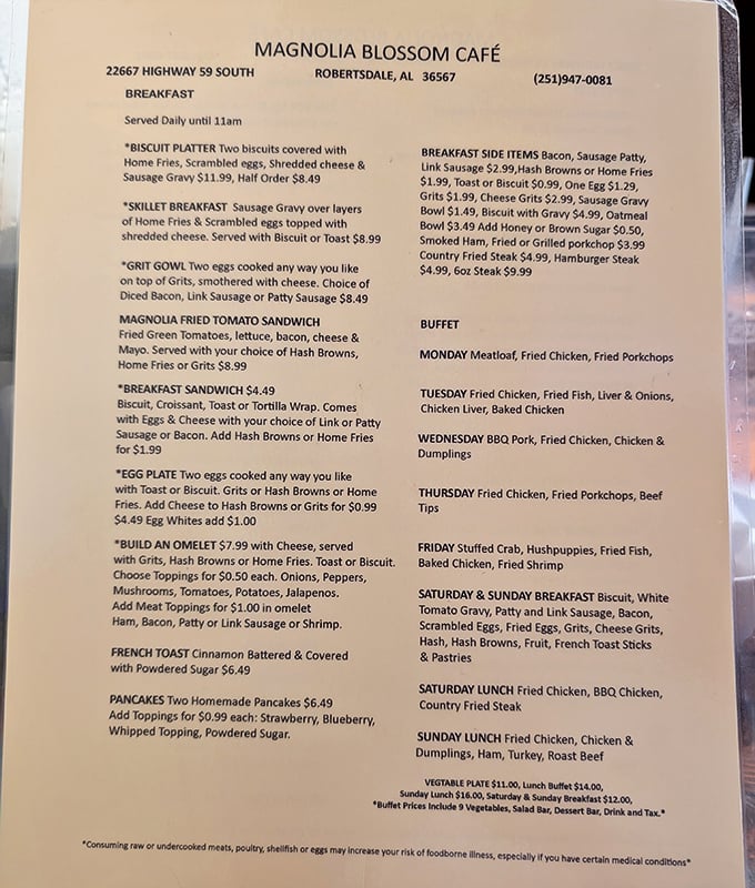 This menu reads like a love letter to Southern breakfast traditions. No fancy descriptions needed when the food speaks this eloquently for itself.