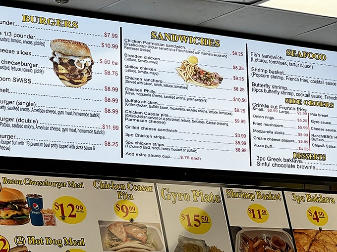 The menu board reads like a United Nations of comfort food—from Chicago dogs to Greek gyros—proving that world peace might just start with a good meal.