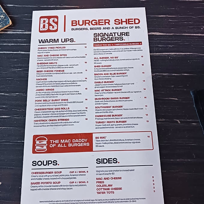 A menu that doesn't mince words—just meat. The "Mac Daddy of All Burgers" section alone is worth the drive to Altoona.