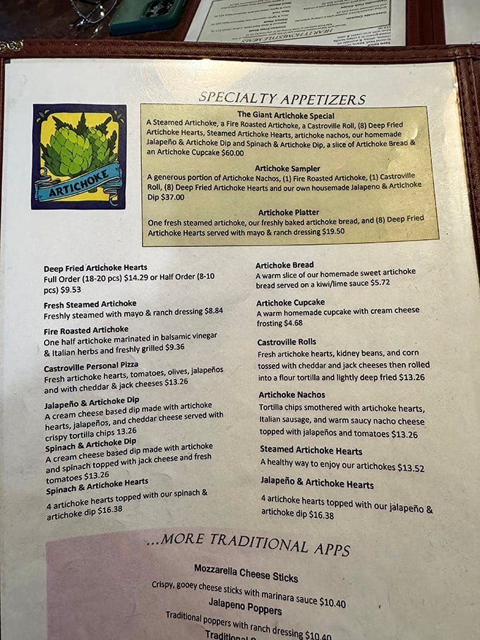 This menu reads like a love letter to artichokes, offering more preparations than you knew existed.