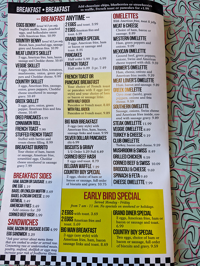 This isn't just a menu—it's a manifesto of American comfort food. When breakfast is served "anytime," it's not just a meal, it's freedom.