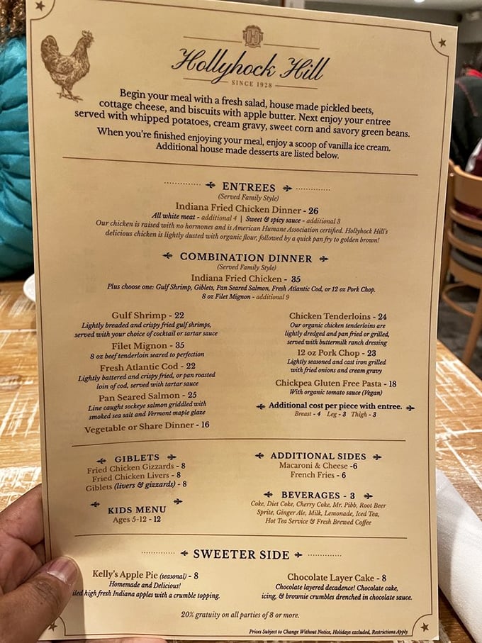 This menu isn't just a list of options—it's a historical document of Indiana culinary traditions that have stood the test of time.