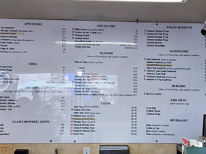 The menu board of dreams – where "today's special" always translates to "whatever the ocean decided to share with us this morning."