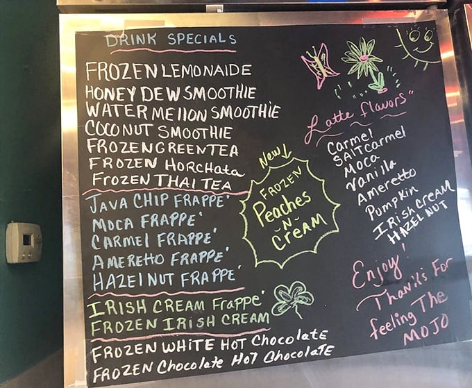 This chalkboard menu reads like a greatest hits album of frozen drinks, each one more tempting than the last.