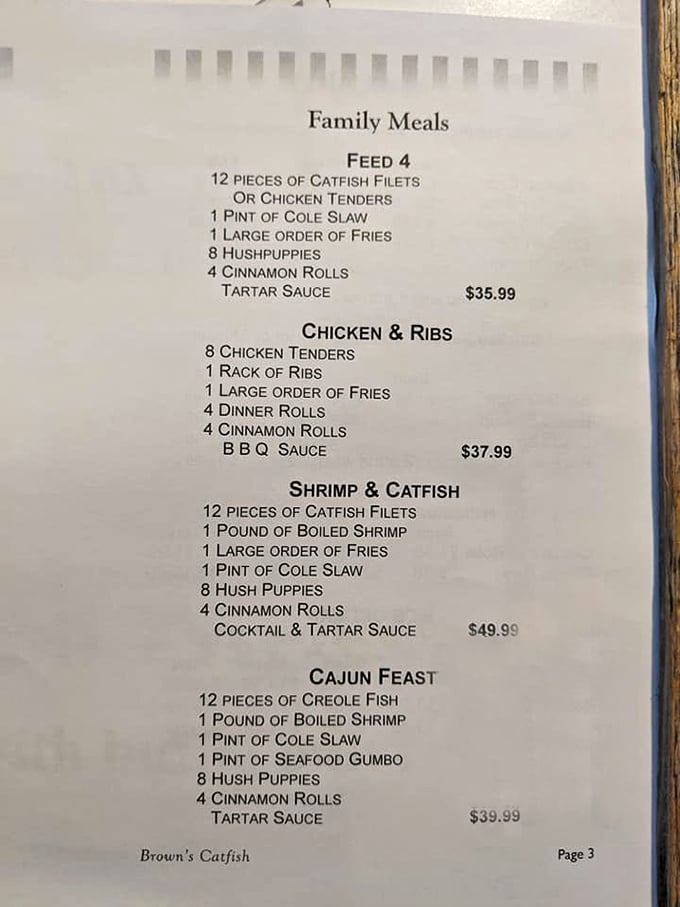 The family meals menu reads like a love letter to Southern abundance—where "Feed 4" means "Feed 8" anywhere else in America.