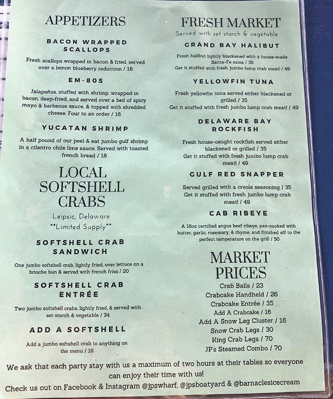 This isn't just a menu—it's a maritime treasure map. Each item promises a delicious adventure, from bacon-wrapped scallops to local softshell crabs from Leipsic.