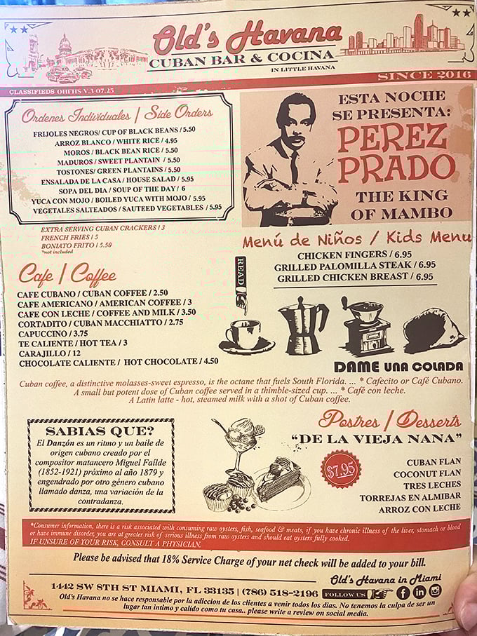 The menu reads like a love letter to Cuban cuisine, with Perez Prado watching approvingly from the corner—even the King of Mambo gets hungry.